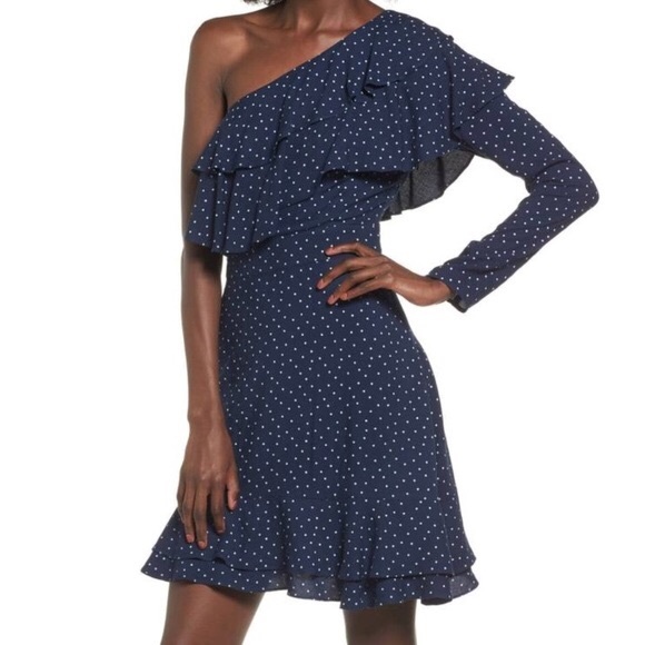 Wayf | Dresses | Wayf Blue White Polka Dot One Shoulder Dress Nwt ...
